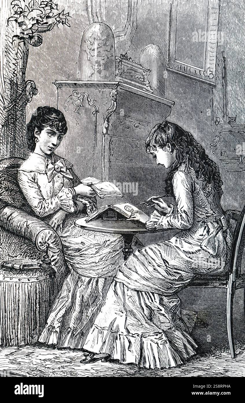 Illustration depicting a young woman painting in her journal. Dated ...