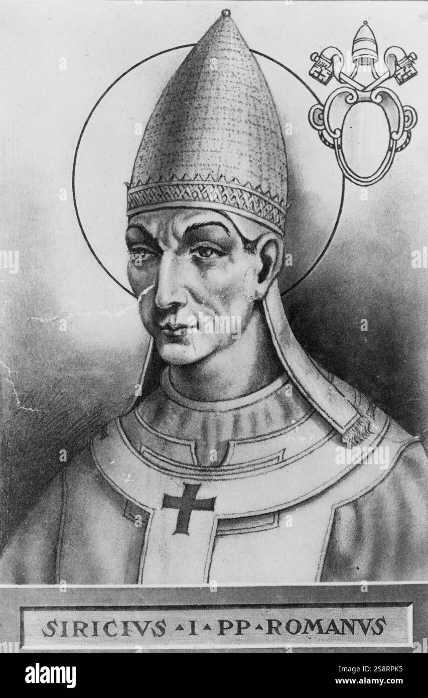 Portrait of Pope Siricius (334 AD - 399 AD). Dated 20th Century Stock ...
