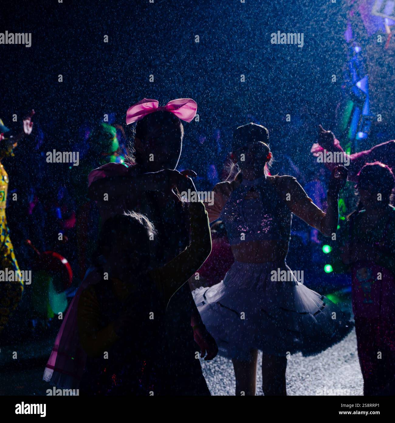 Carnival dancers and performers in costumes silhouetted against bright ...