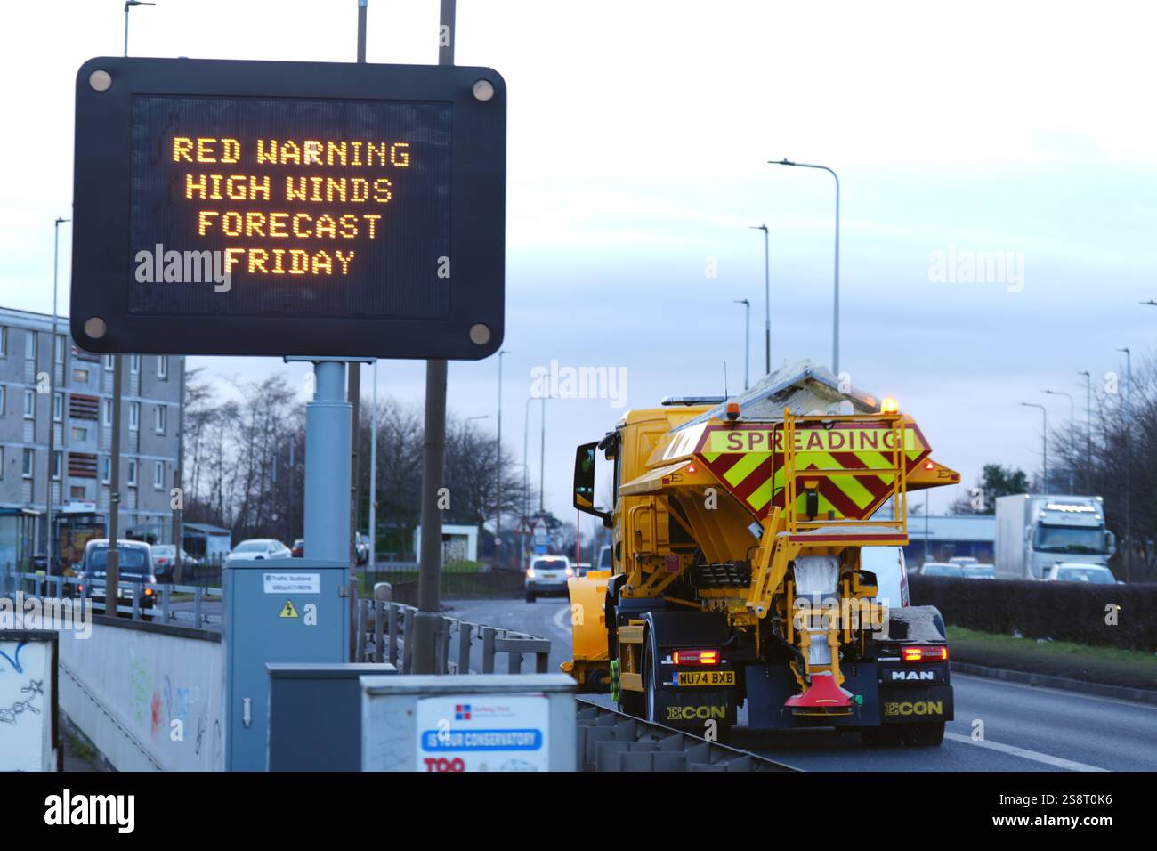 A road sign displaying a red weather warning for Friday on Calder Road ...