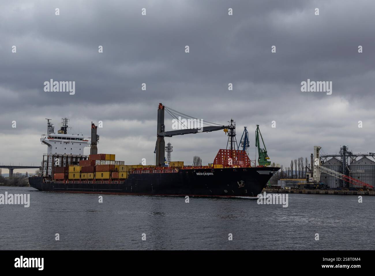 Large Turkish container ship in sea on port of Varna, Bulgaria ...