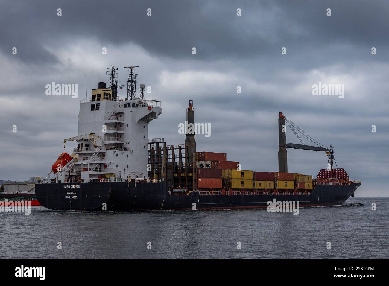 Large Turkish container ship in sea on port of Varna, Bulgaria ...