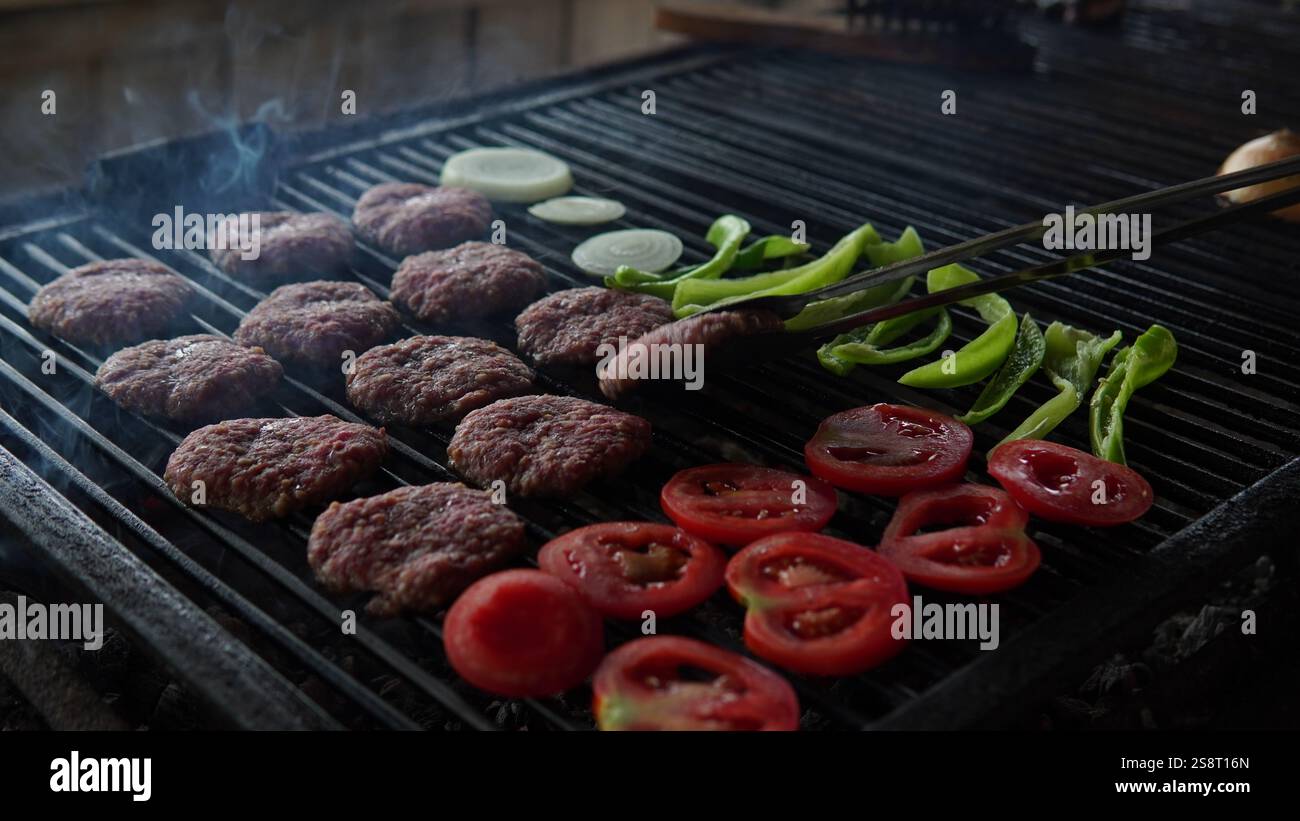 Turkish style barbecue meatballs, meatballs, onion, tomato, green ...