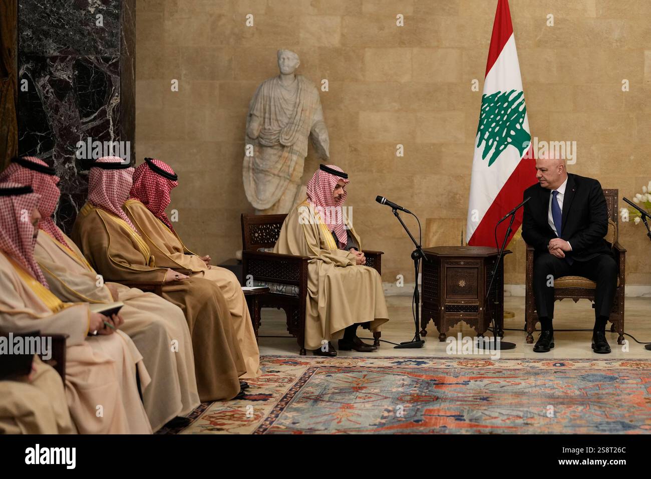 Lebanese President Joseph Aoun, right, meets with Saudi Arabia's ...