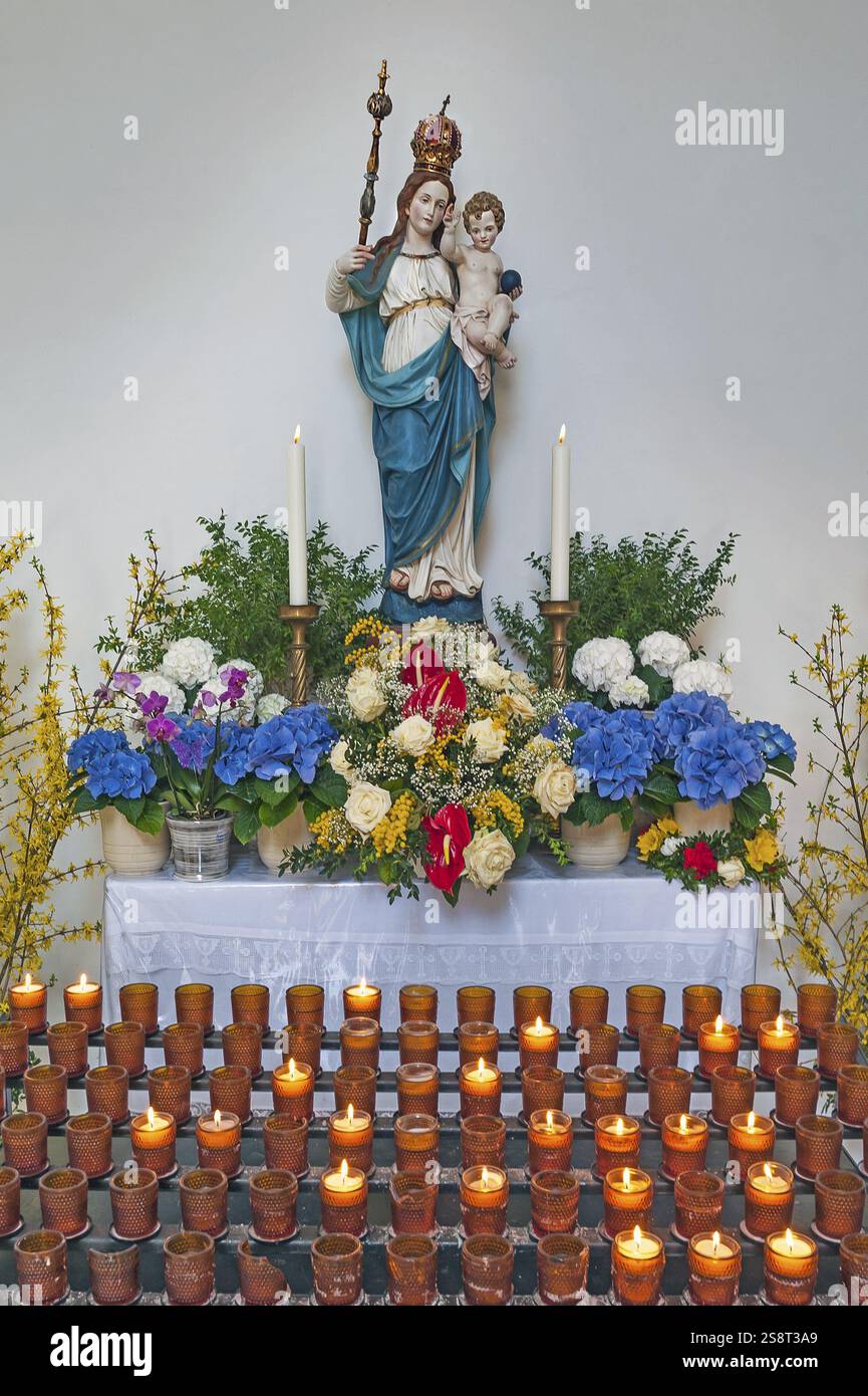 Figure of the Virgin Mary with crown, Christ Child, flower decorations ...