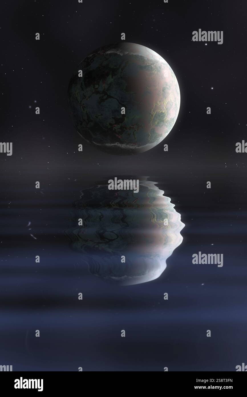 Planet in space with water reflection illustration Stock Photo - Alamy