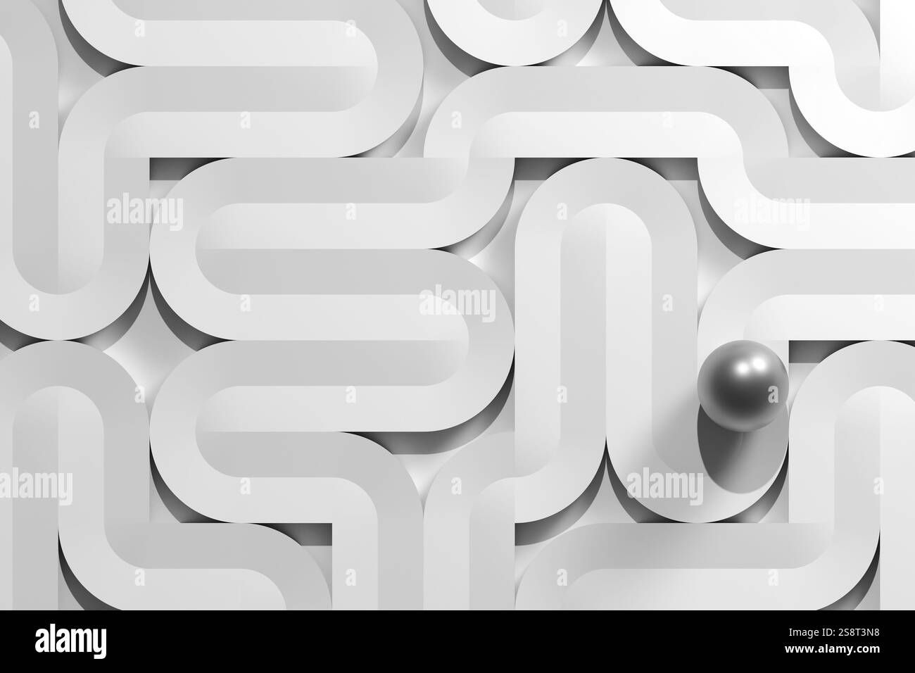 Abstract white installation, top view. Matte metal ball rolls along ...