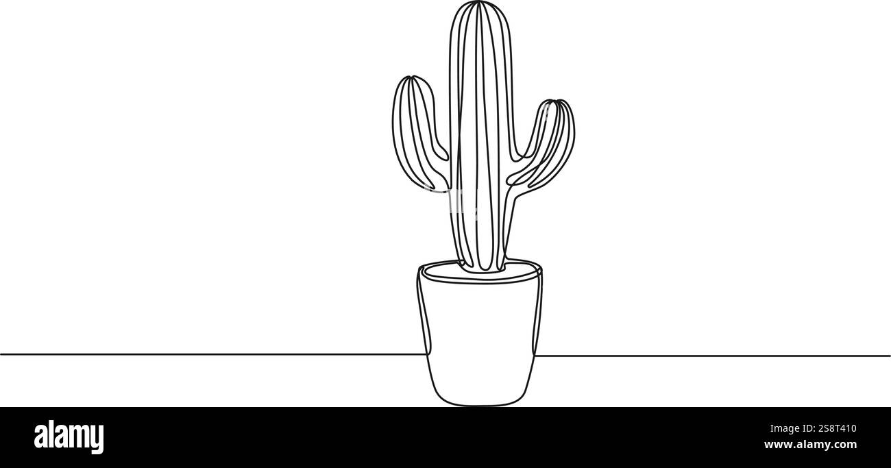 continuous single line drawing of potted cactus, line art vector ...
