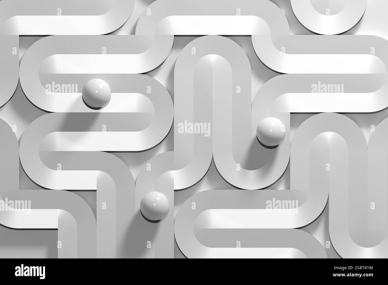 Abstract white installation, top view. Balls roll along curved paths of the labyrinth, computer ...