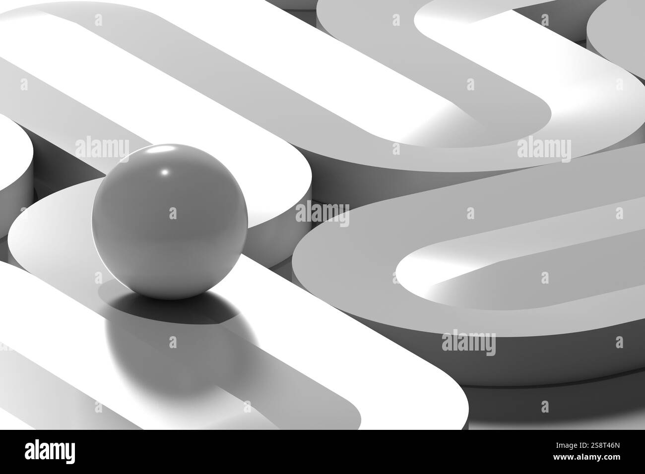 Abstract white installation, the ball rolls along the curved paths of the labyrinth, computer ...