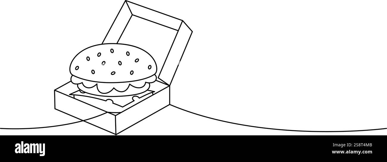 Delicious burger in cardboard box one line continuous drawing ...