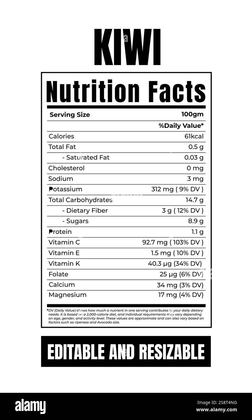 Kiwi Nutrition Facts Label, Kiwi Supplement Facts Label Stock Vector ...