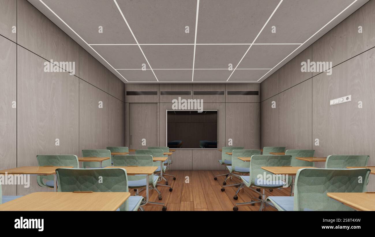 Modern Minimalist Classroom with Wood paneling and sleek Lighting ...