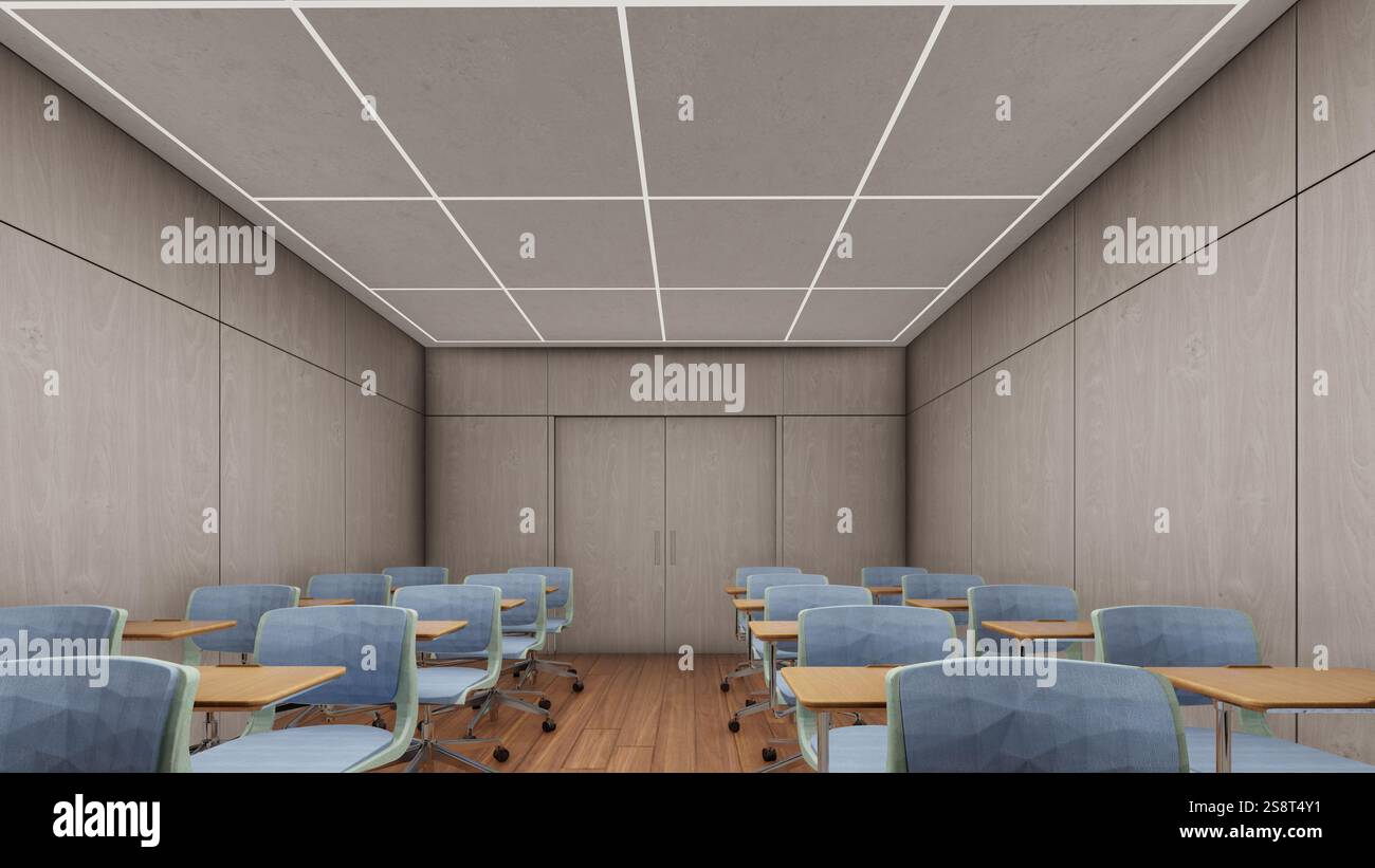 Modern Minimalist Classroom with Wood paneling and sleek Lighting ...