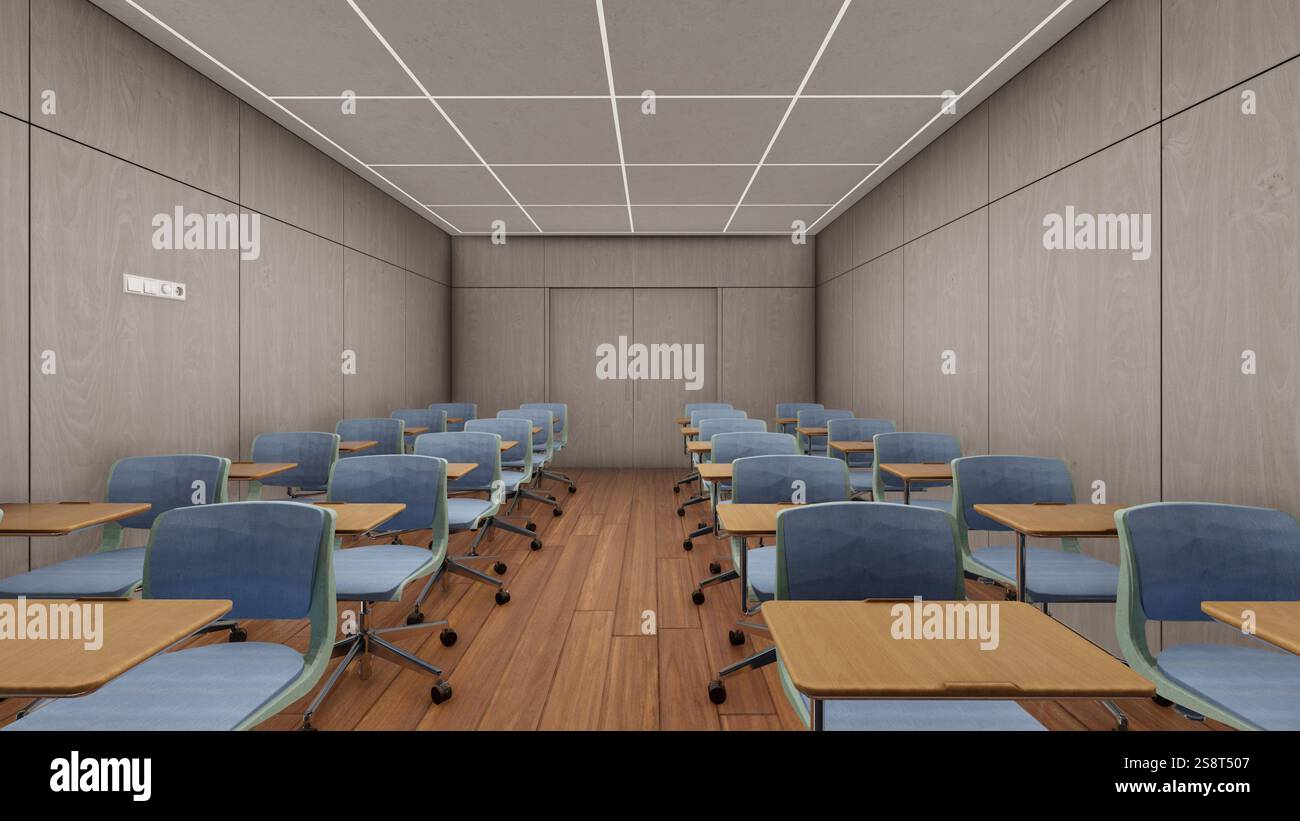 Modern Minimalist Classroom with Wood paneling and sleek Lighting ...