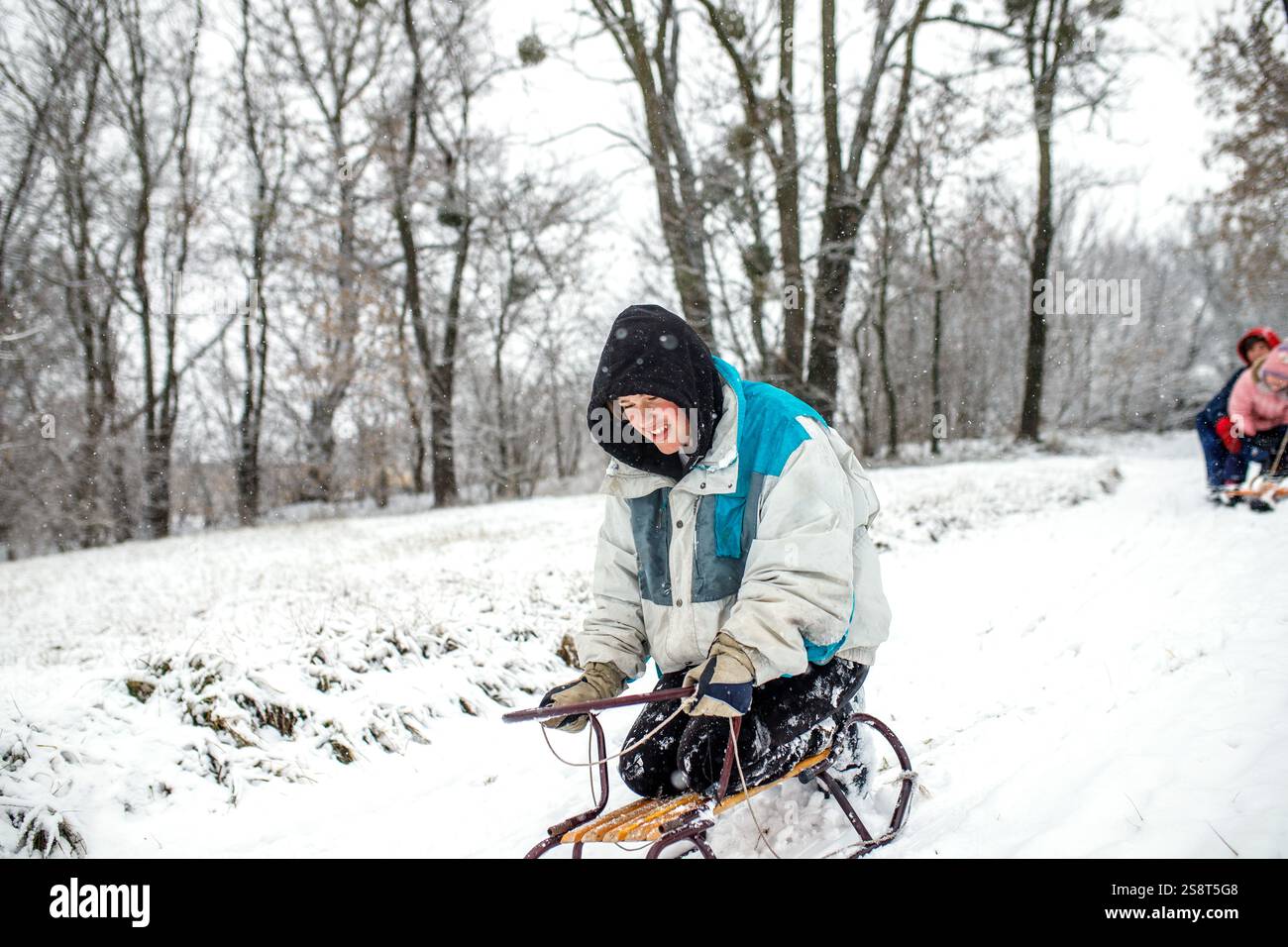 Children are playing in a winter wonderland, sledding down a snowy hill ...