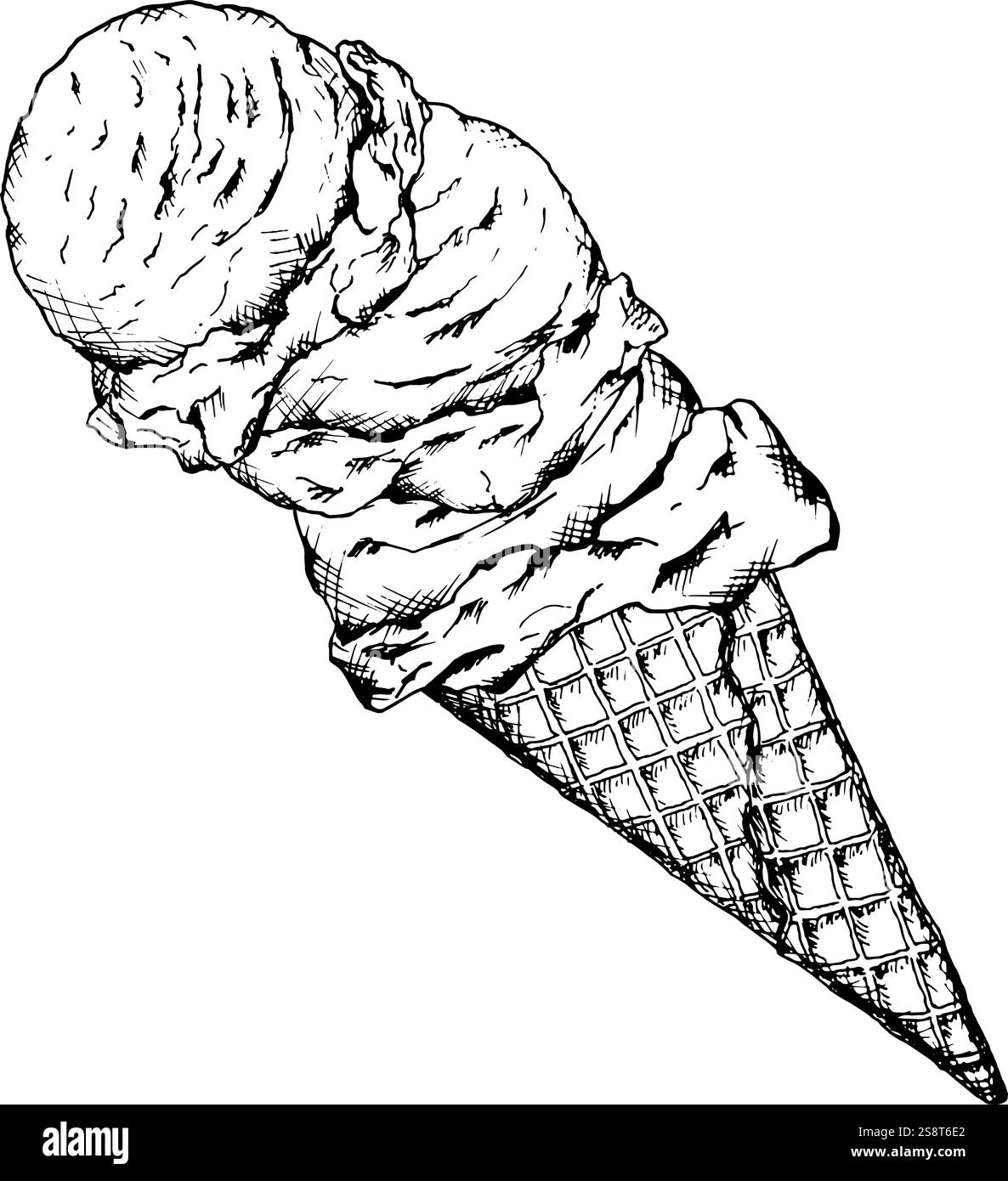 Black and white ink illustration of an ice cream cone with a scoop of ...
