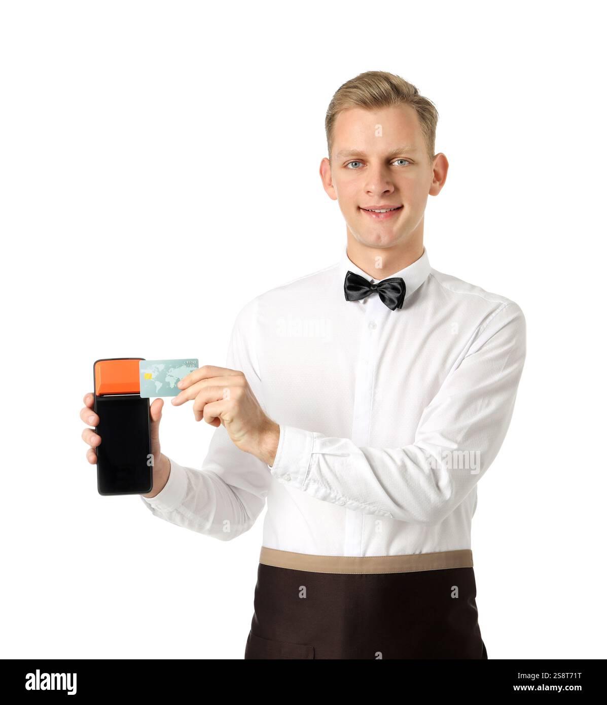 Happy waiter with payment terminal and debit card on white background ...