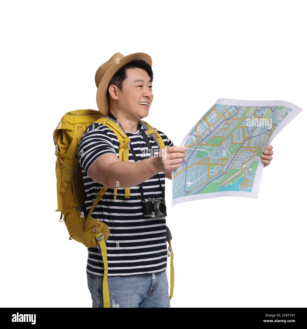 Traveller with map and backpack on white background Stock Photo - Alamy