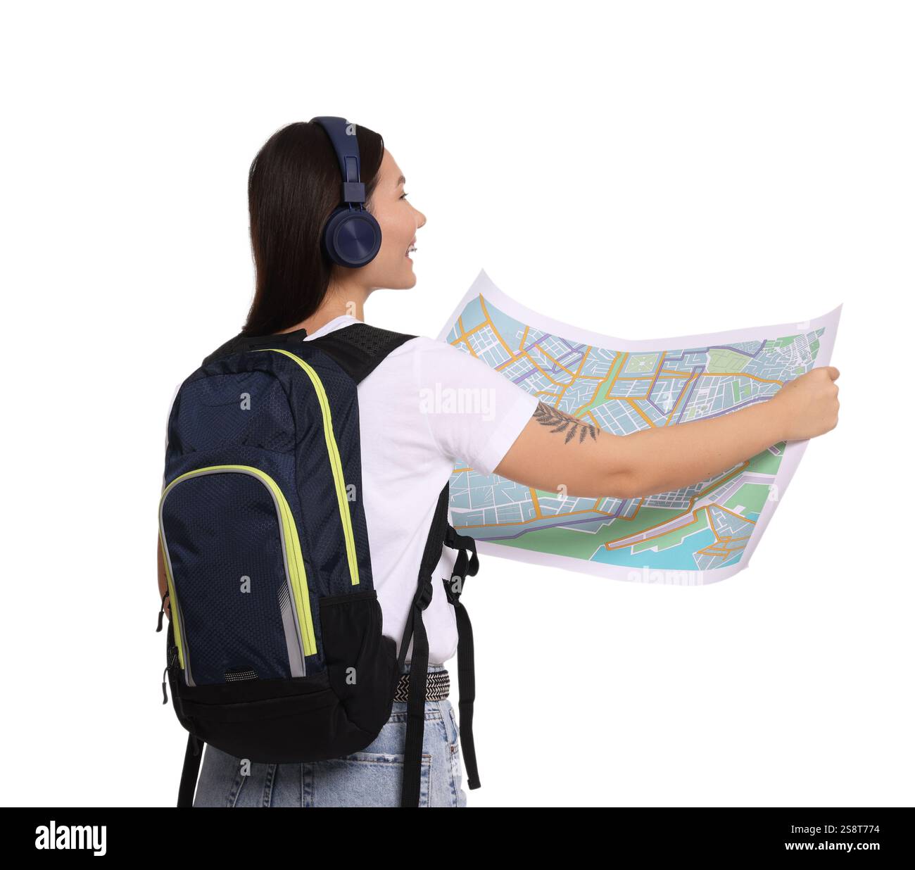 Traveller with backpack and map on white background, back view Stock ...