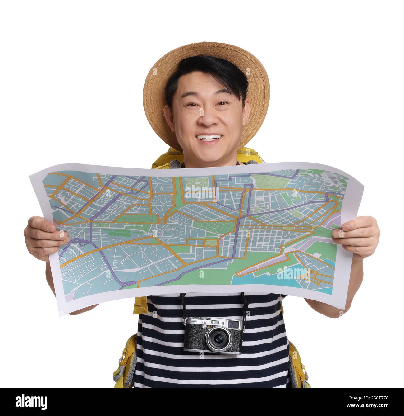 Traveller with map and backpack on white background Stock Photo - Alamy