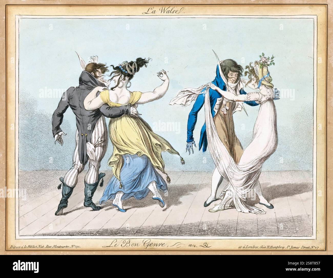 A humorous cartoon print coloured engraving of La Walse. hand coloured ...