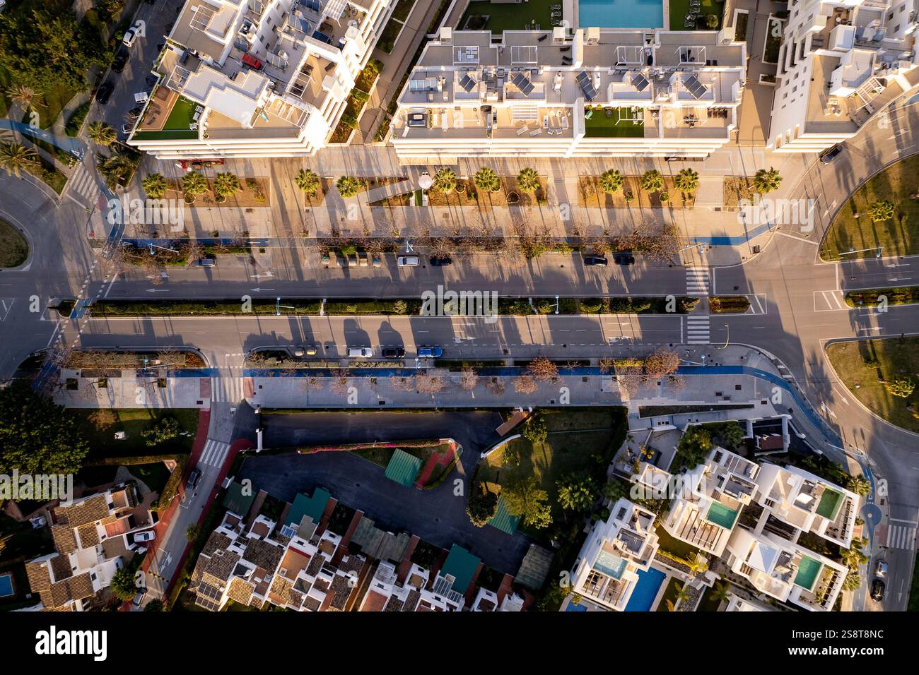 Top down aerial of luxury Costa del Sol mansion and resort condominium ...