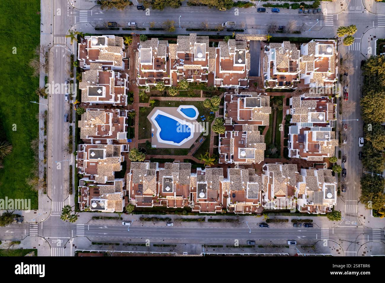 Top down aerial of luxury Costa del Sol mansion and resort condominium ...