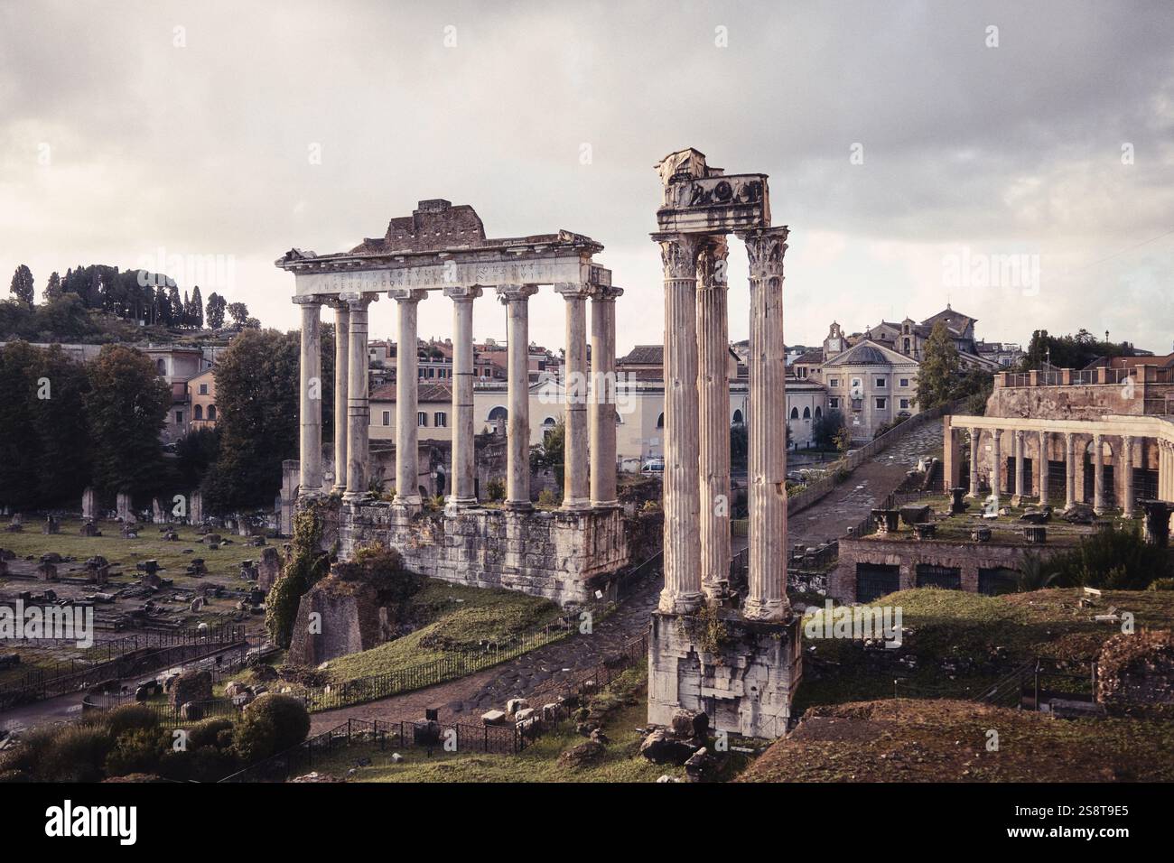 Ancient ruins of the Roman Forum in Rome, Italy, with iconic columns ...
