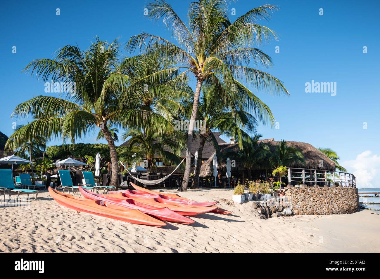 Kayaks on the beach of tropical Island Moorea Stock Photo - Alamy