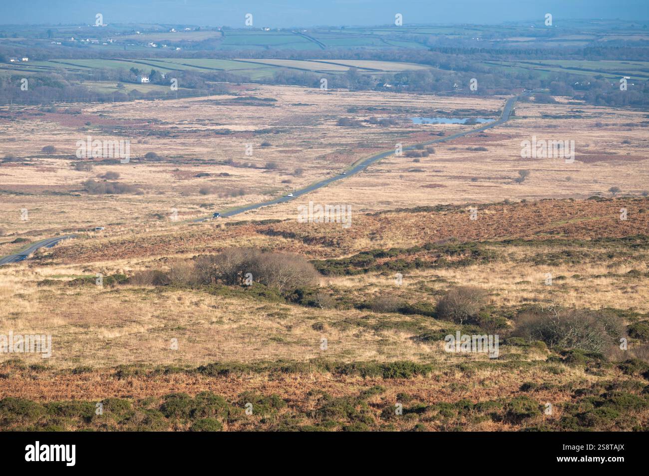 View of Gower common and Broad Pool from Cefn Bryn, Gower, Wales, UK ...