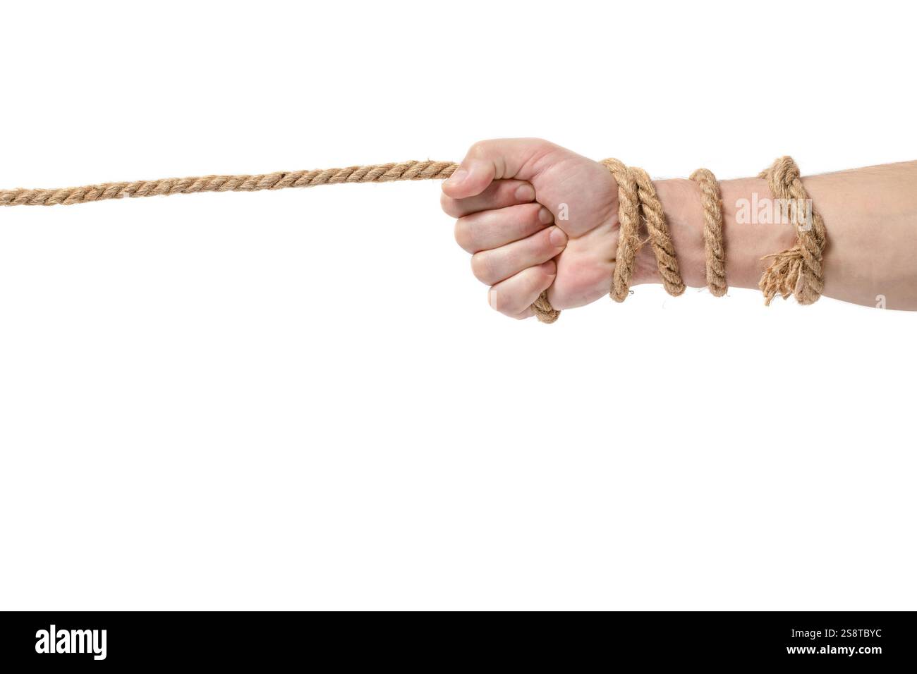 Man hand grabs rope and pulls it. On white background Stock Photo - Alamy