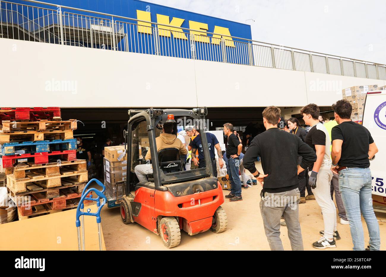 Workers in the emergency warehouse set up at IKEA Alfafar to provide ...