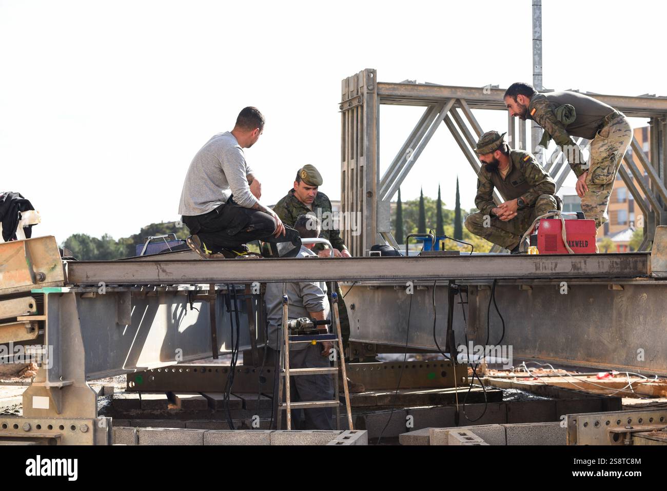 Workers and Military Army during MABEY bridge installation on Rambla ...