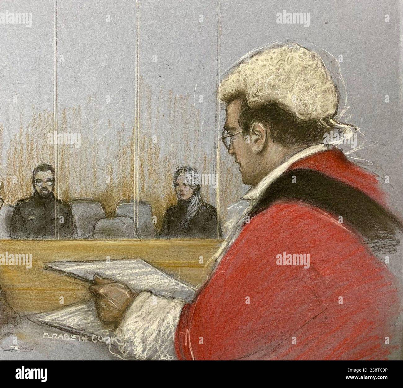 Court artist sketch by Elizabeth Cook of an empty chair in the dock as ...