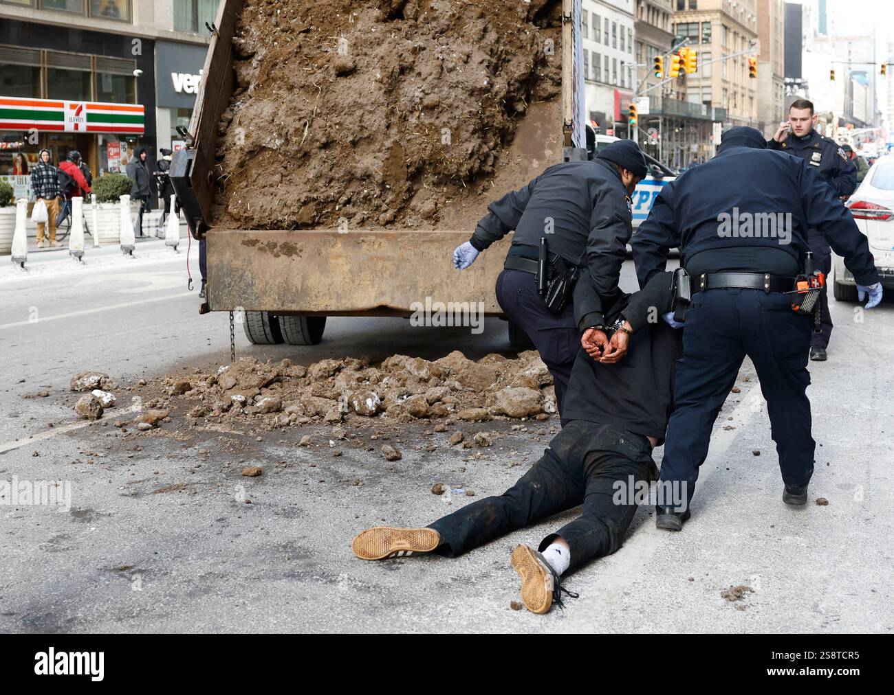New York, United States. 23rd Jan, 2025. A PETA activist is arrested by ...