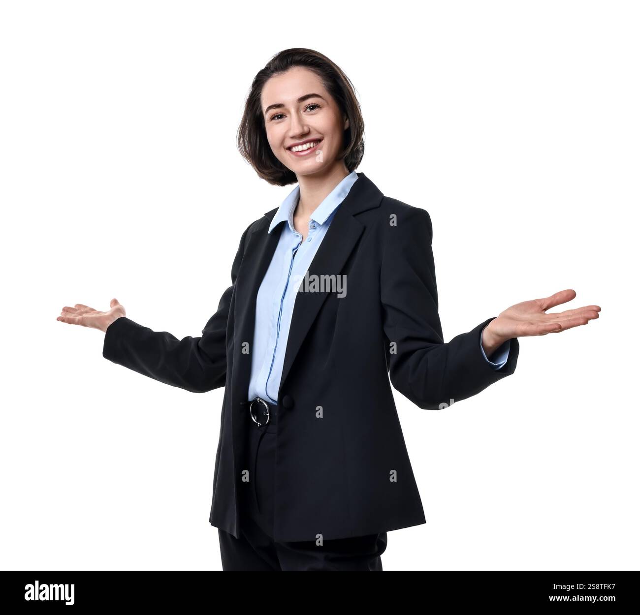 Happy businesswoman welcoming clients or partners on white background ...
