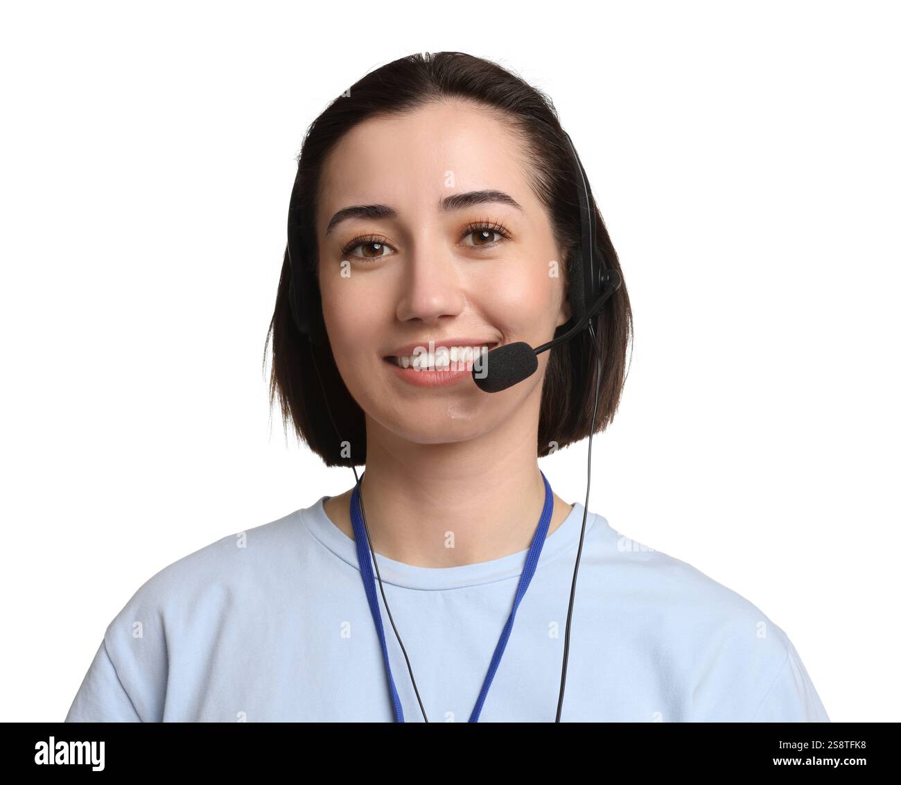 Technical support call center. Portrait of smiling operator on white ...
