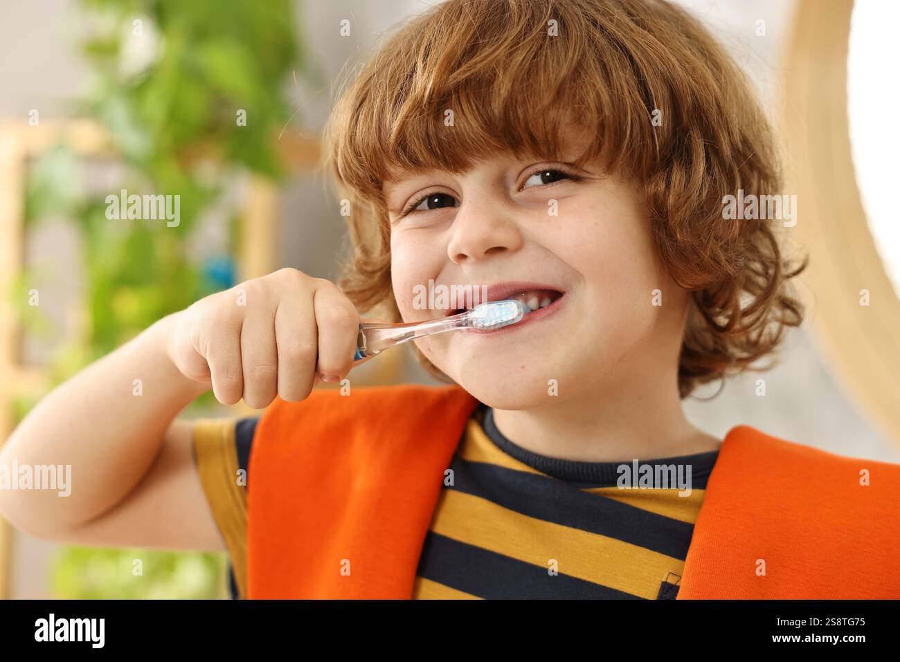 Cute boy brushing his teeth at home Stock Photo - Alamy