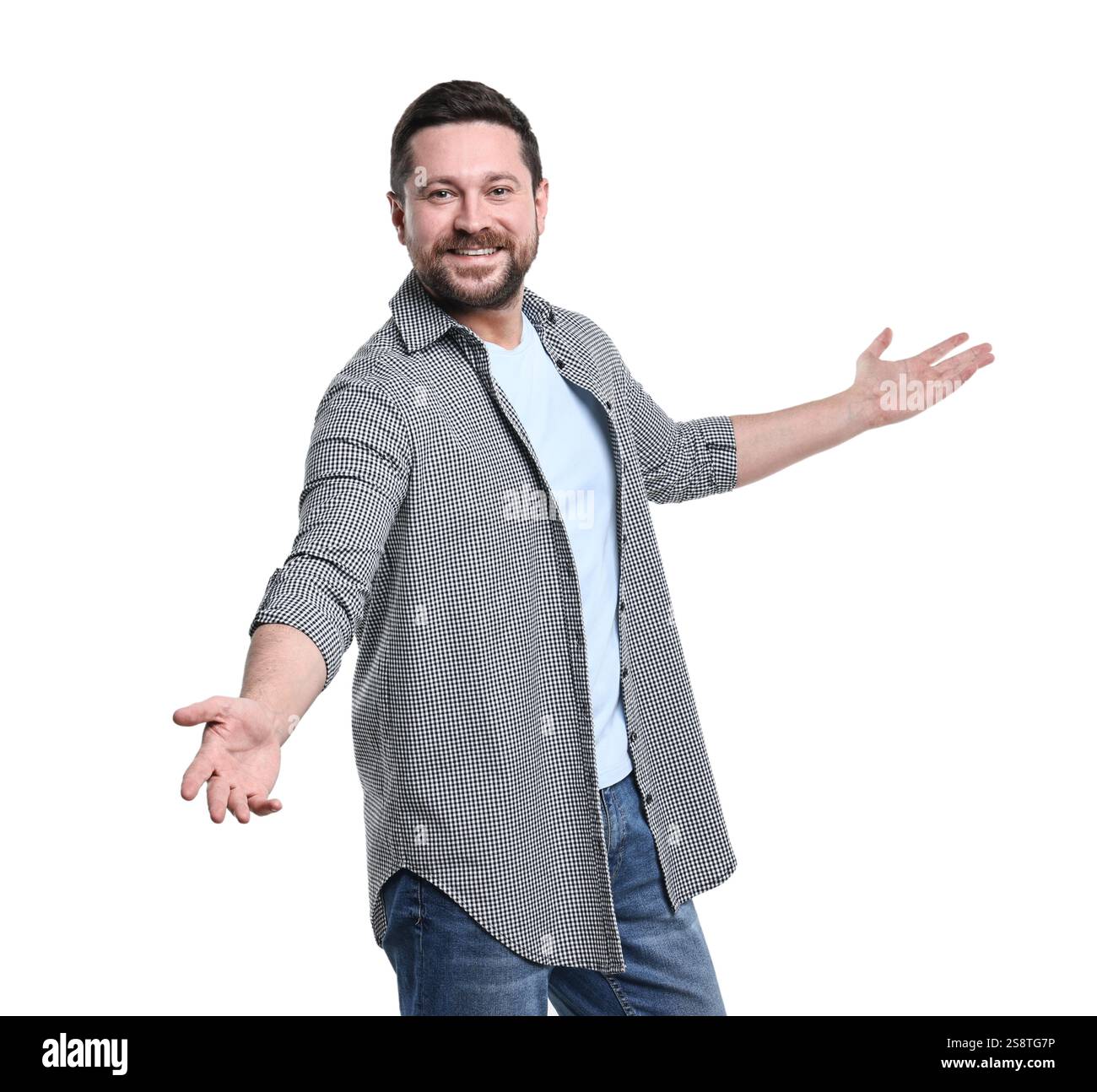 Happy man welcoming friends or guests on white background Stock Photo ...