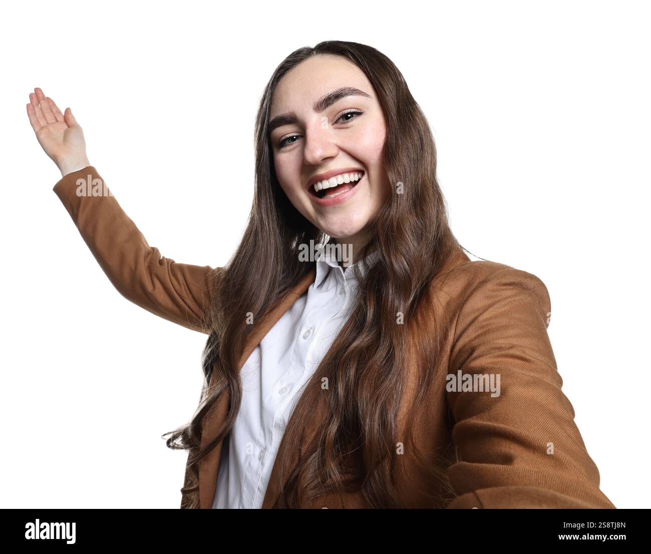 Happy businesswoman welcoming clients or partners on white background ...