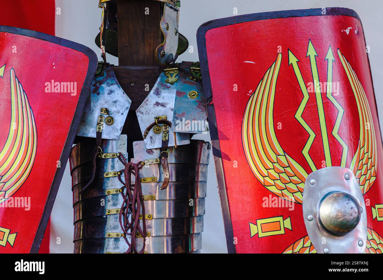 shields, armour and helmets of roman legion soldiers on display at a ...