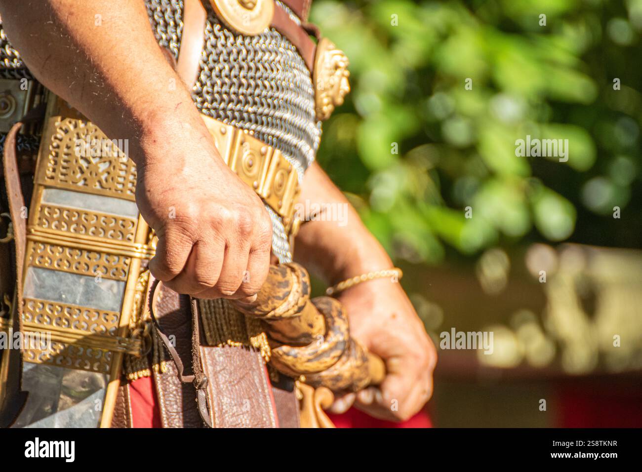 detail of the hands of a centurion of the roman legion with the baton ...