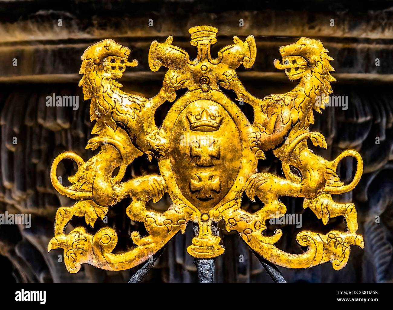 Colorful golden Coat of Arms, Neptune Fountain, main square, Gdansk ...