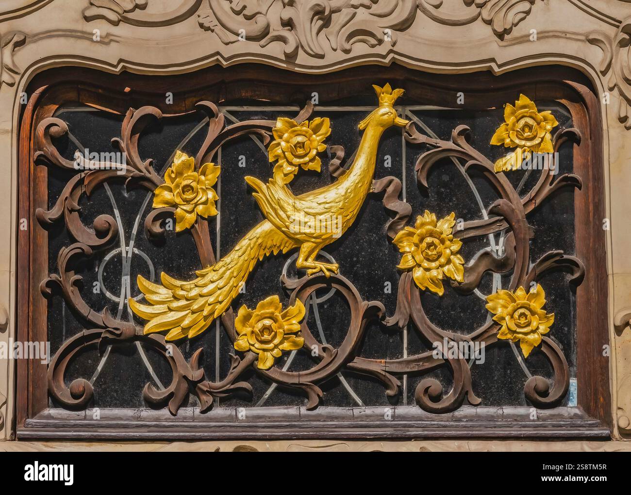 Colorful golden Bird Crown facade main square, Gdansk, Poland. Crown ...
