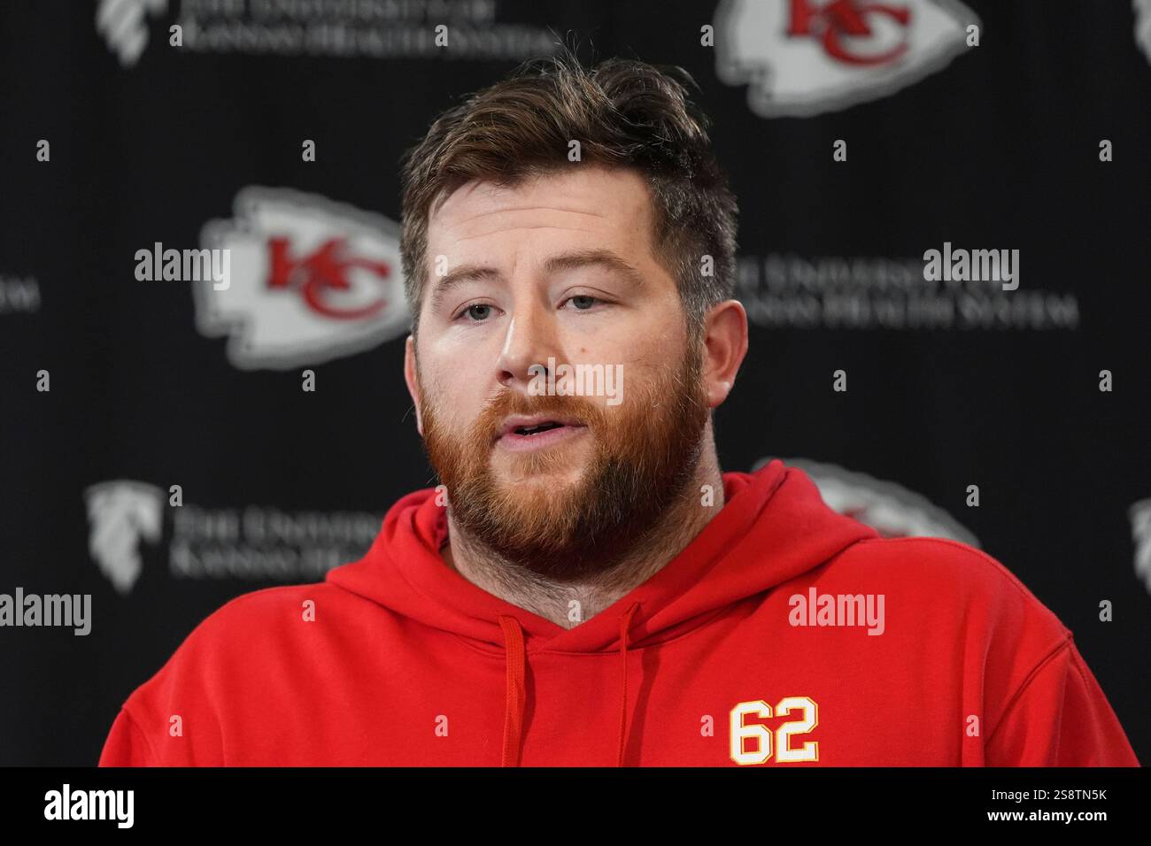 Kansas City Chiefs guard Joe Thuney addresses the media before the team ...