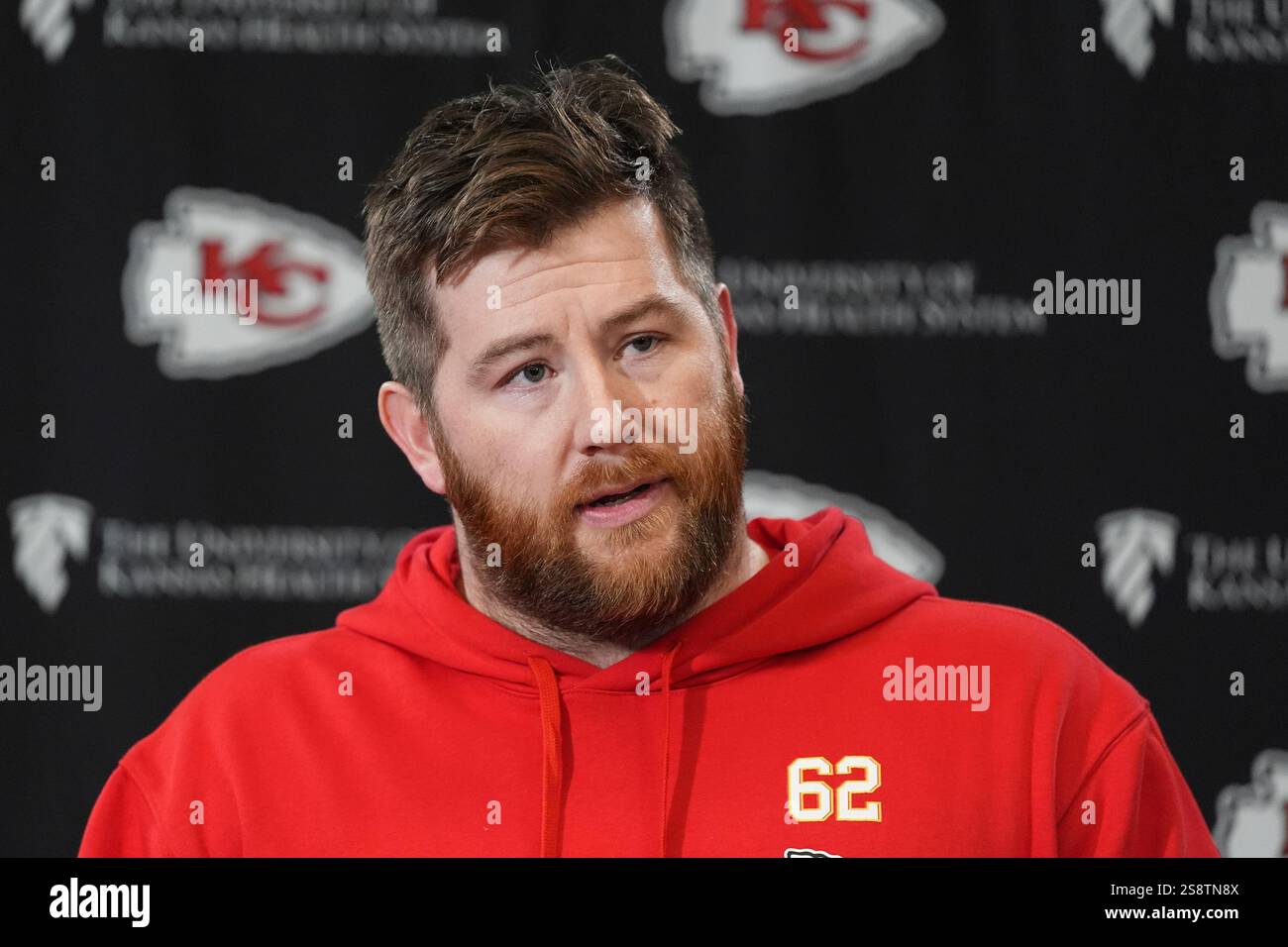 Kansas City Chiefs guard Joe Thuney addresses the media before the team ...