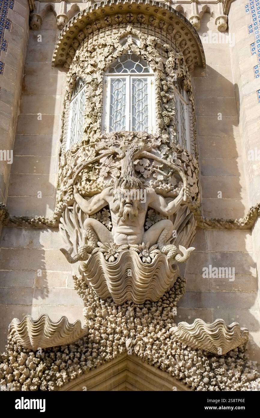 Sintra, Portugal. Pena Palace. The Greek God, Triton, oversees the ...