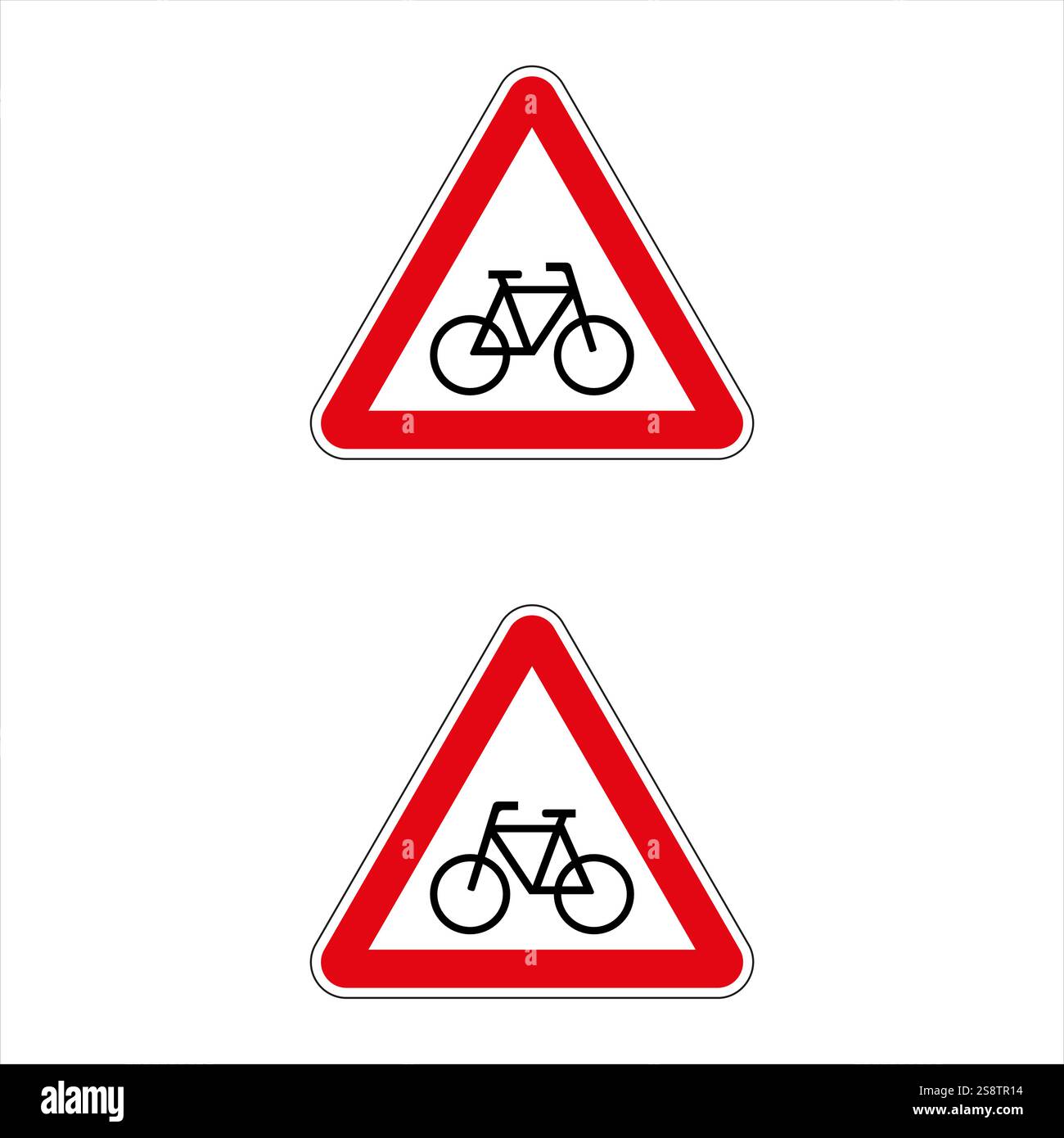 Two red triangle road signs warning of bicycle crossing are isolated on ...
