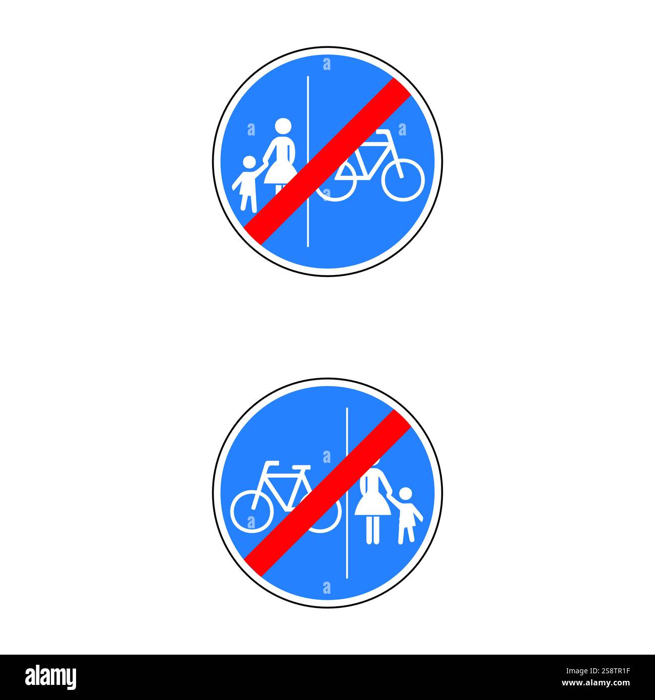 Two blue and red european segregated path end road signs, indicating ...
